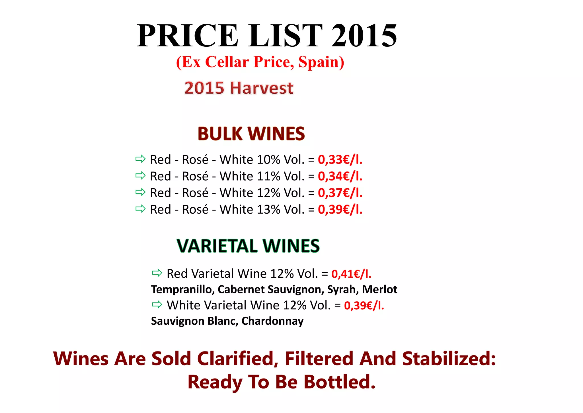 Bulk Wine Price List Harvest 2015 Spain | PDF