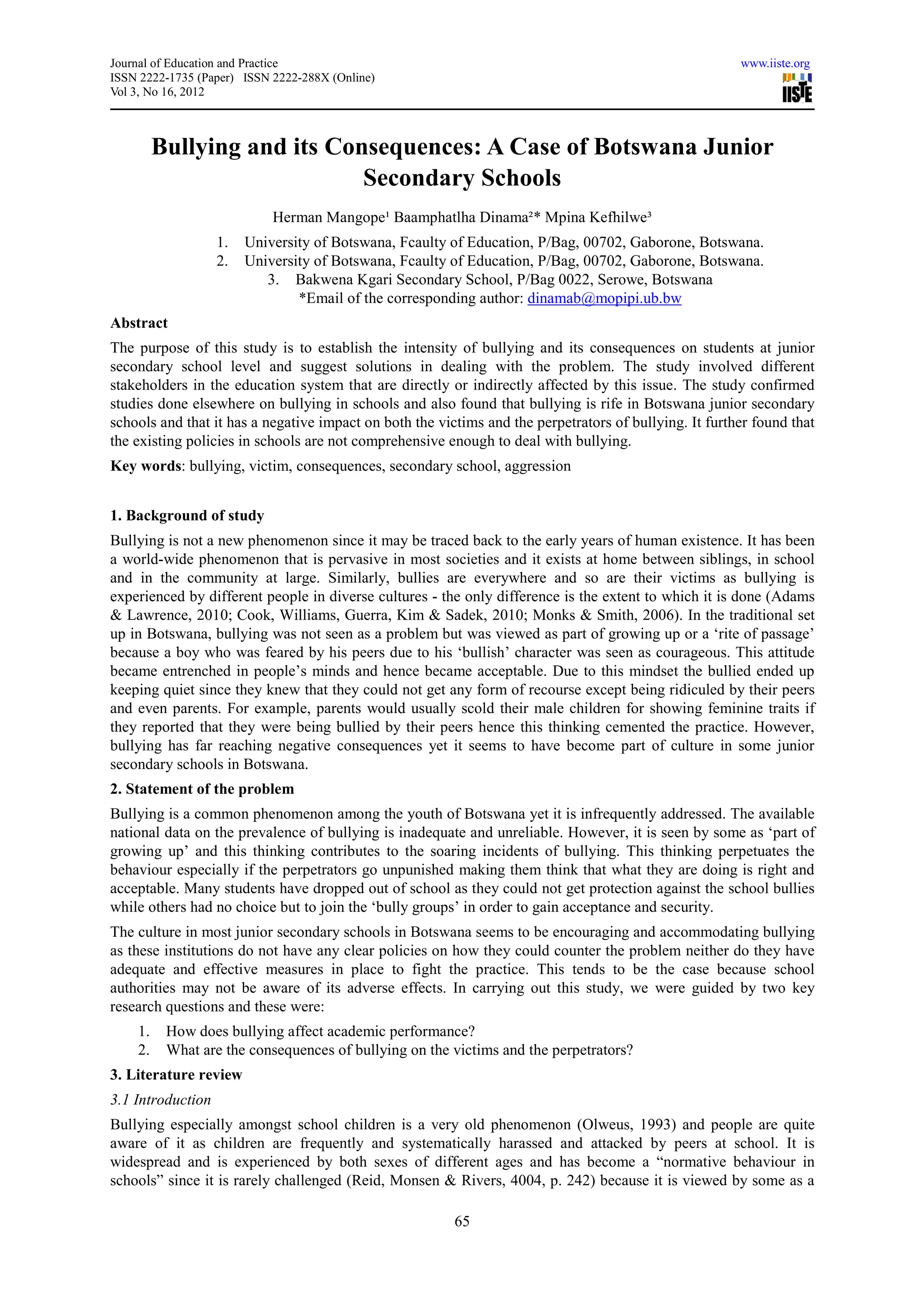 Bullying and its consequences a case of botswana junior secondary schools | PDF