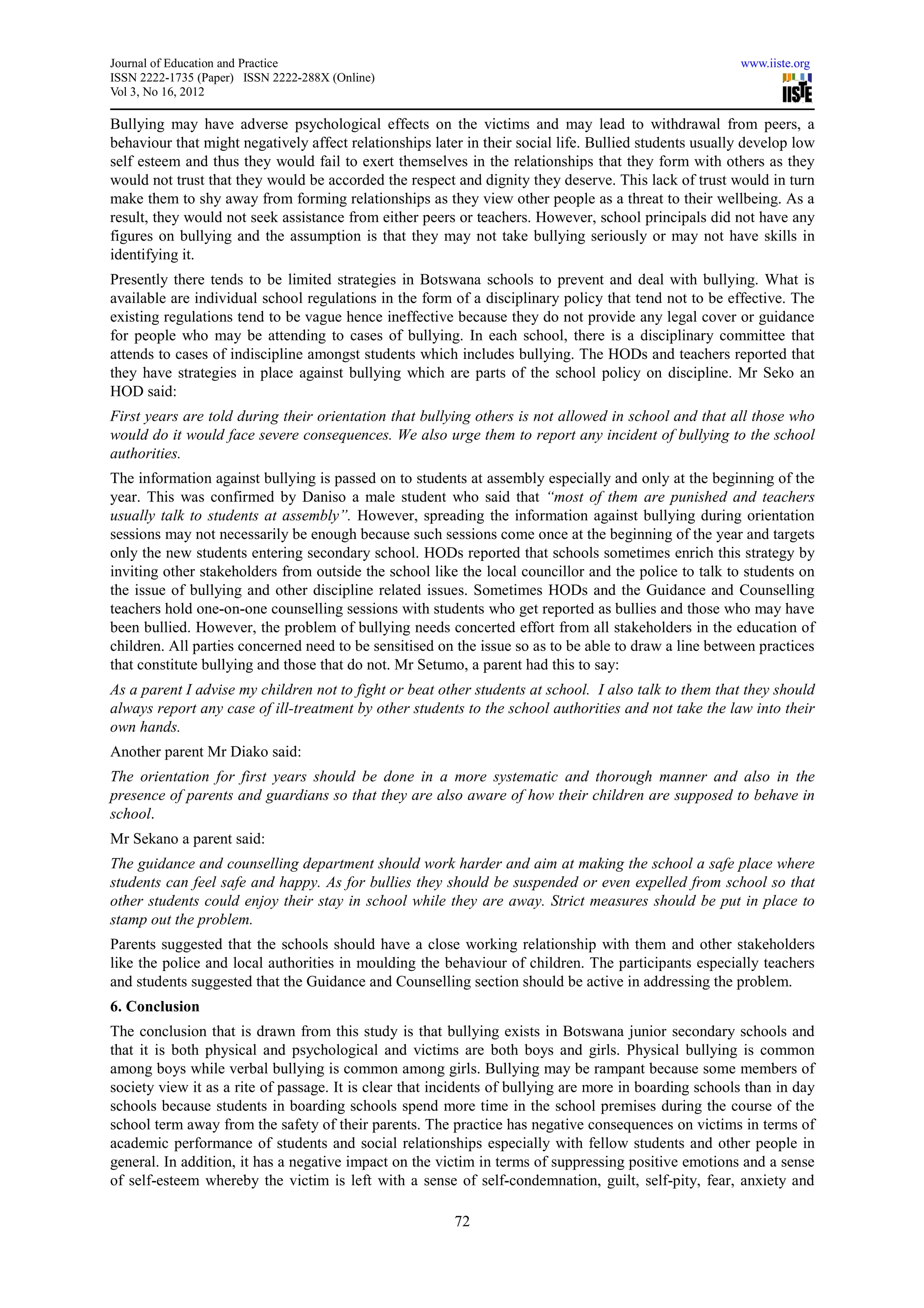 Bullying and its consequences a case of botswana junior secondary ...