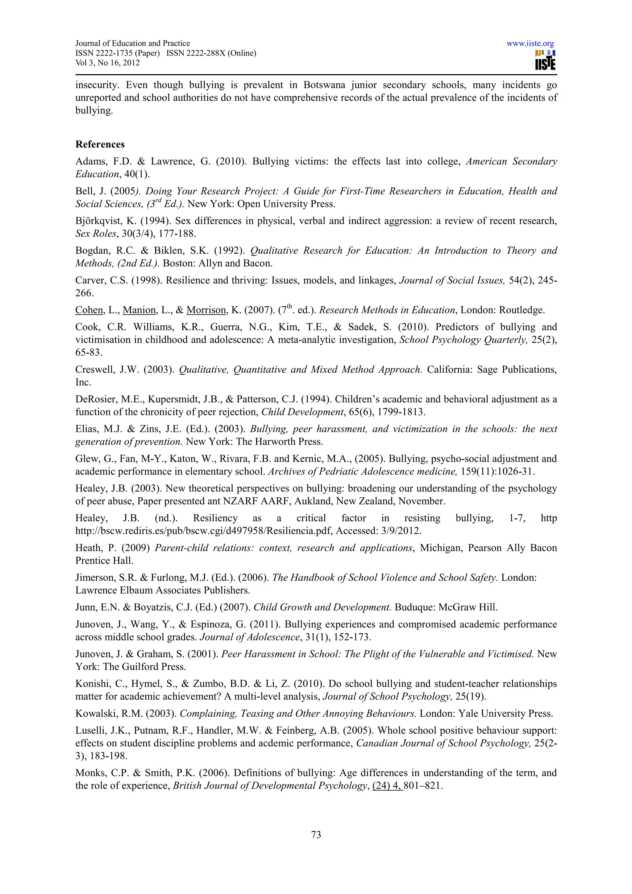 Bullying and its consequences a case of botswana junior secondary schools | PDF