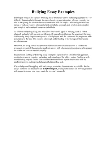 Bullying Essay Examples. Introduction to bullying essay ...
