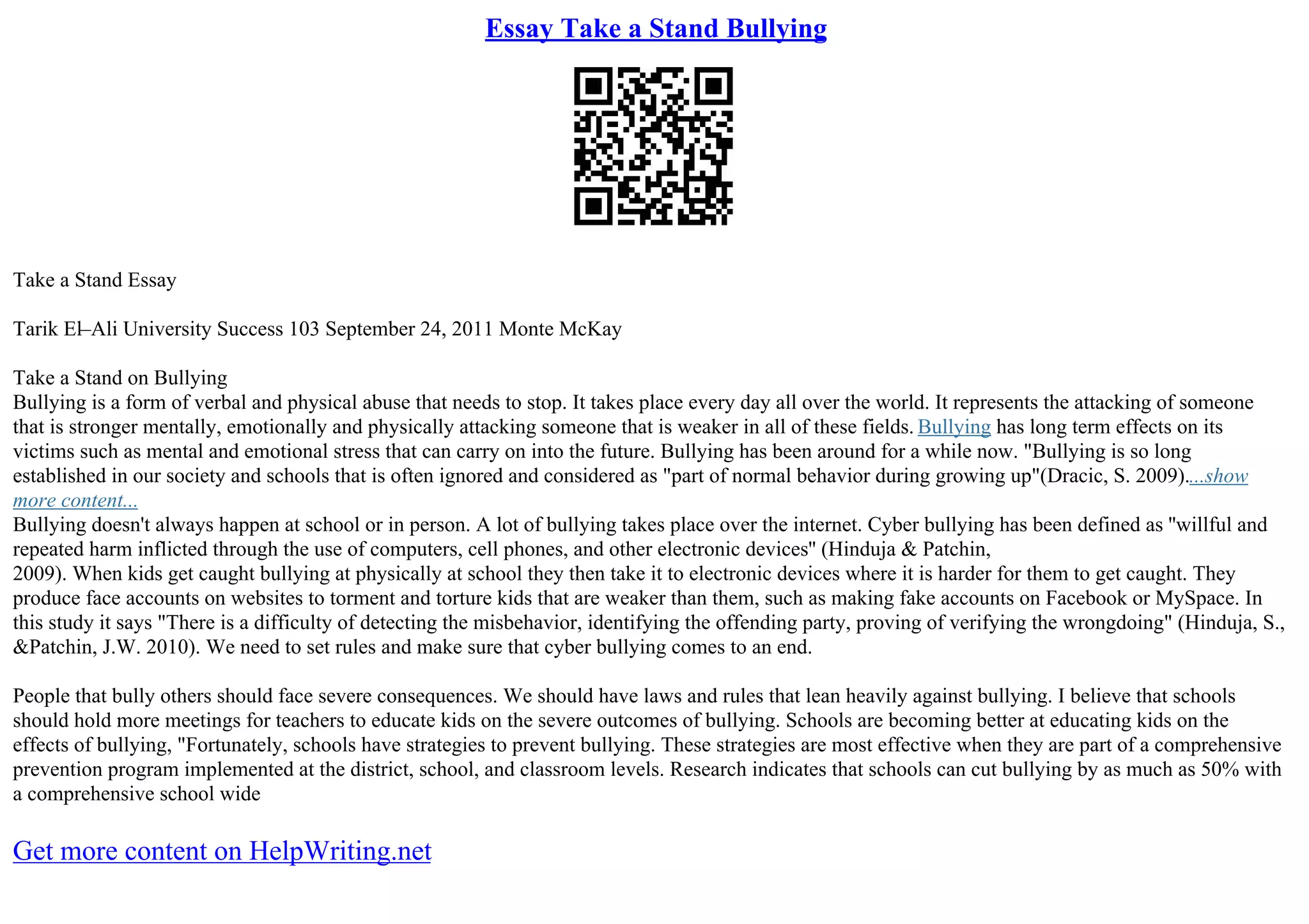 Bullying In School Essay | PDF