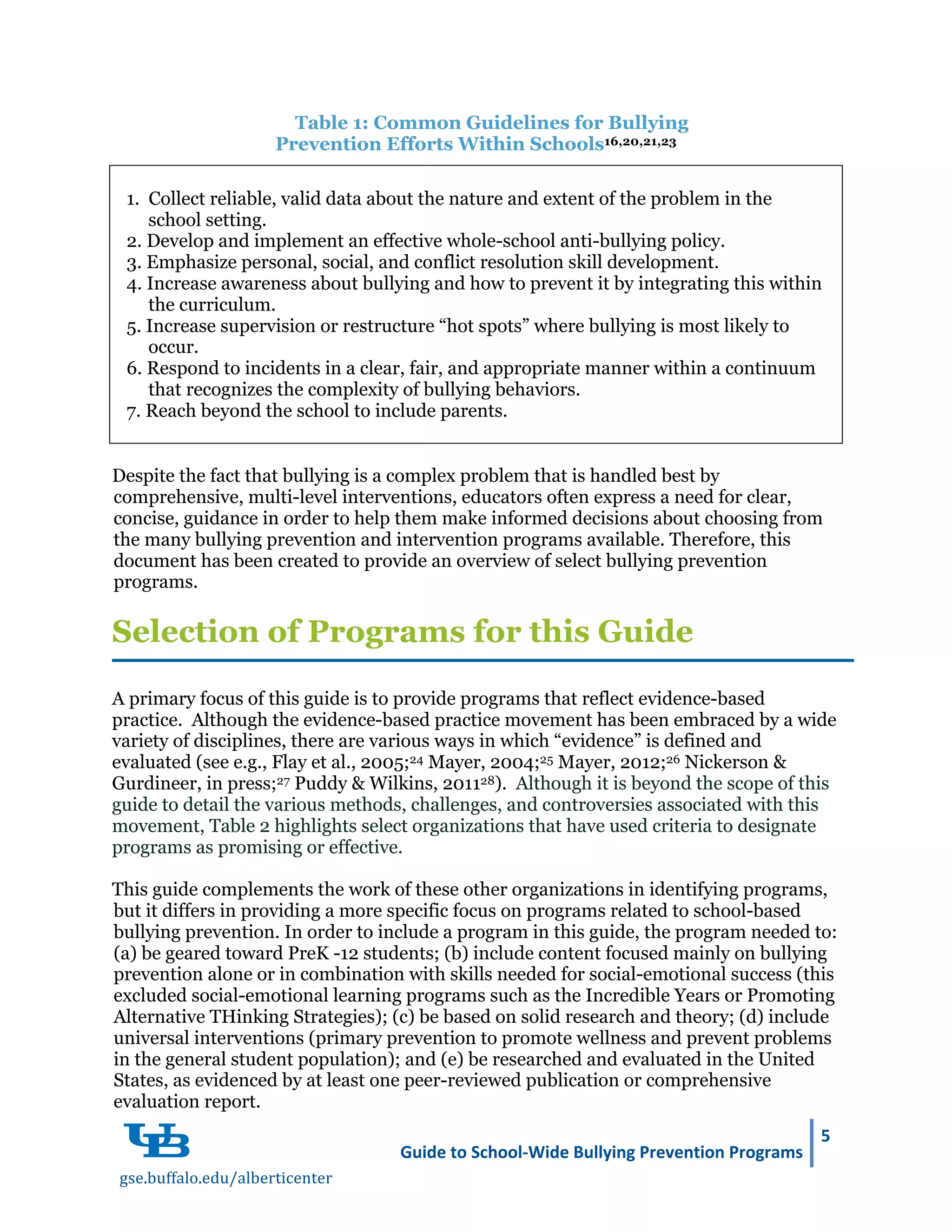 Alberti Center Guide to School-Wide Bullying Prevention Programs | PDF