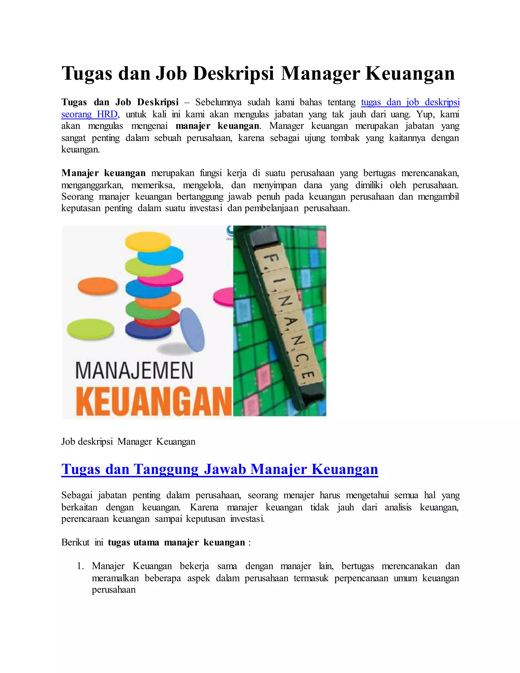 Tugas dan job deskripsi manager keuangan | DOCX