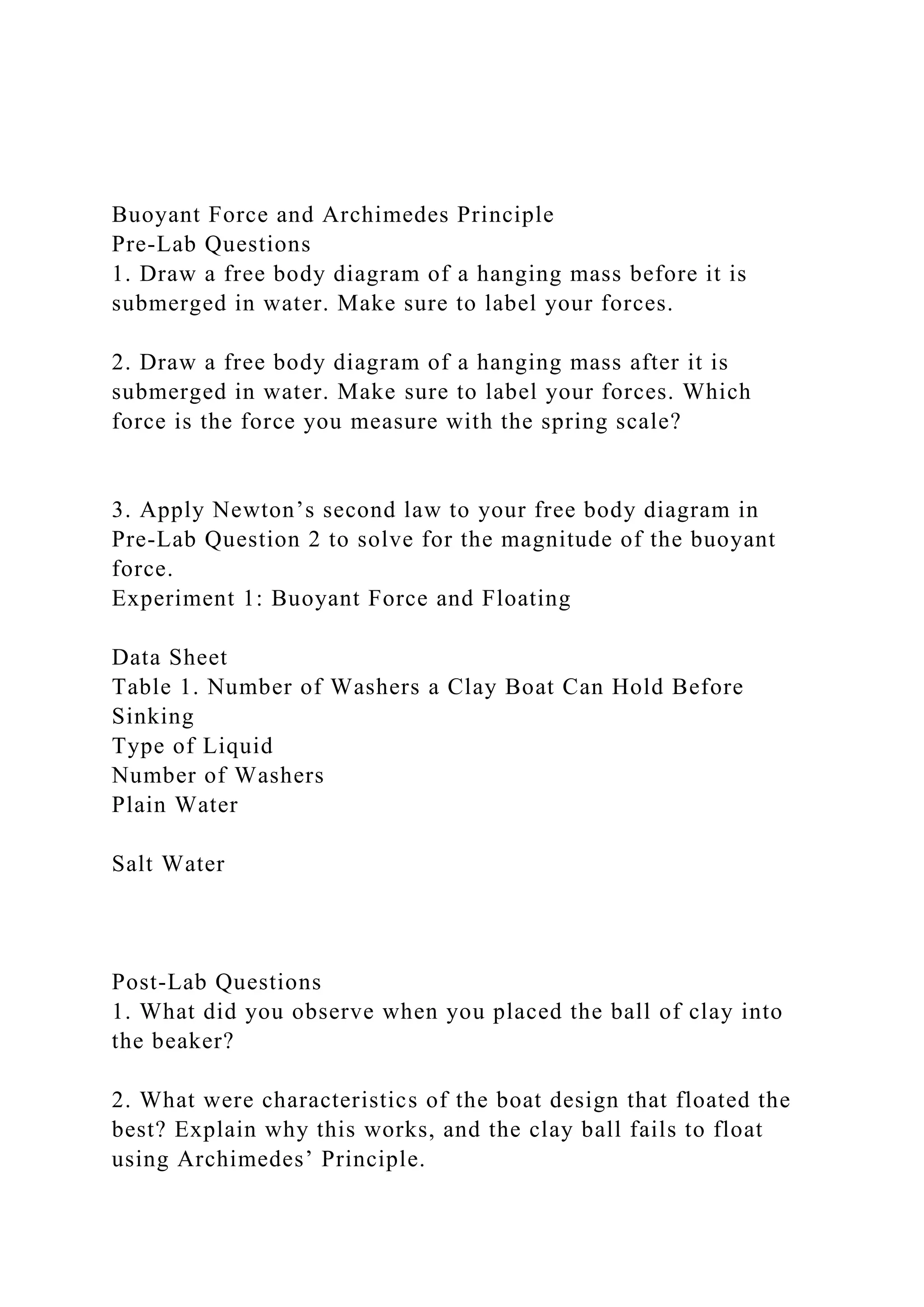 Buoyant Force and Archimedes PrinciplePre-Lab Questions1. Dr.docx