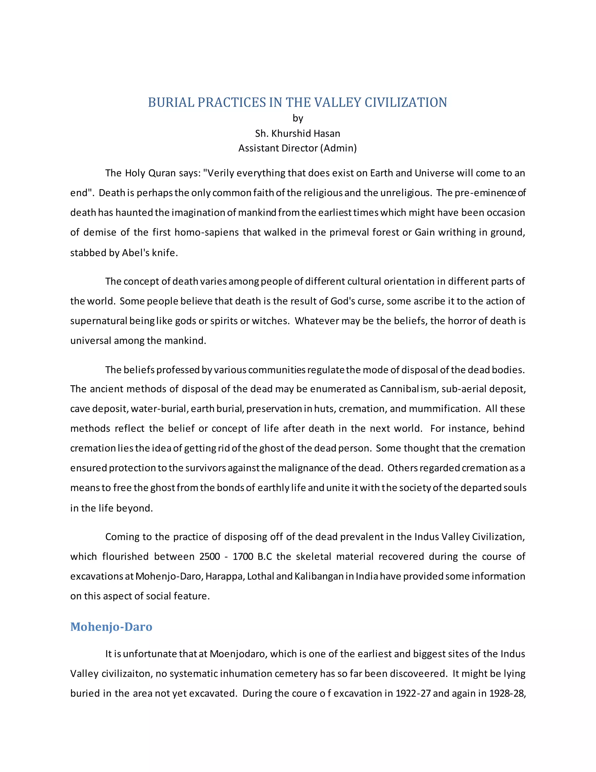 Burial practices in the Indus valley civilization | DOCX