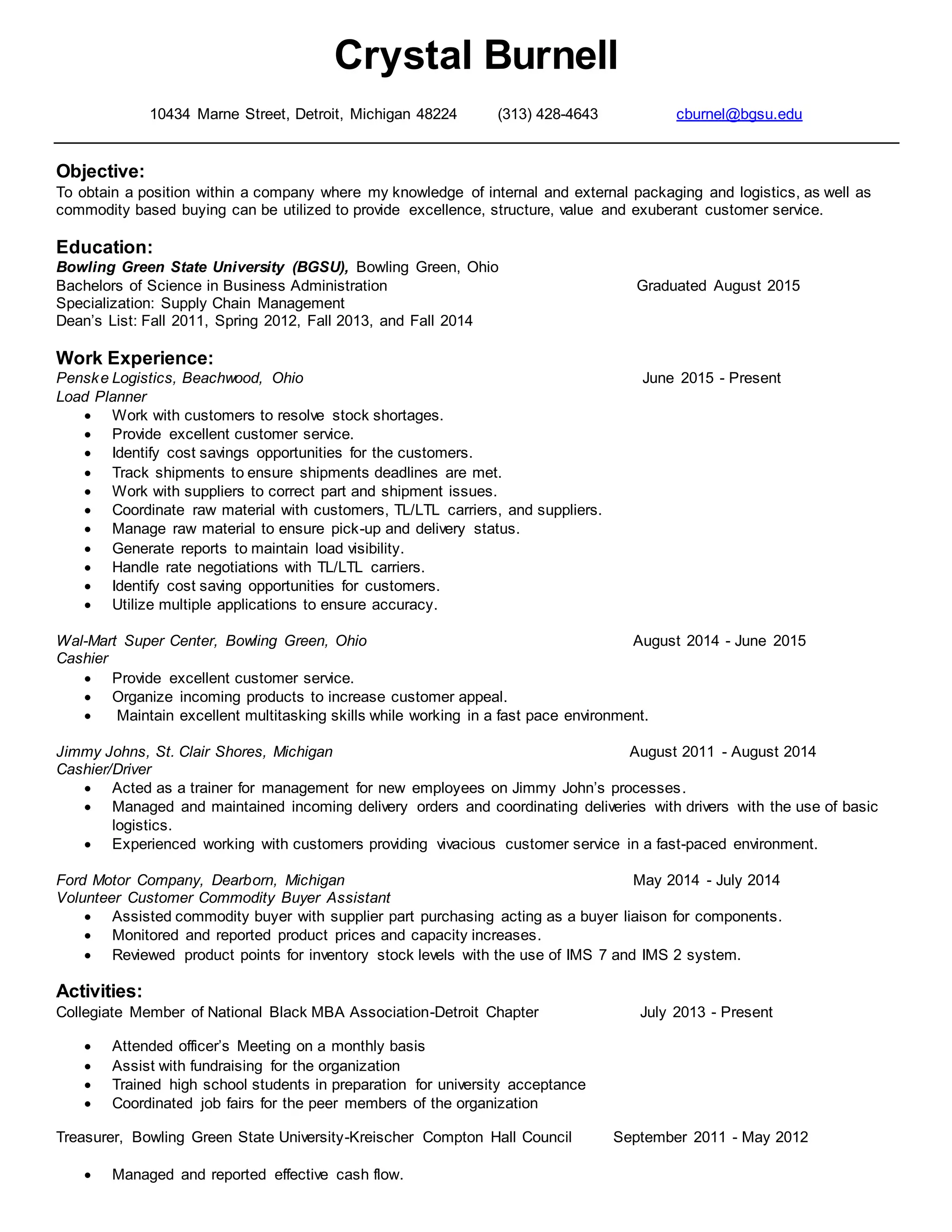 Burnell crystal resume (logistics) | DOCX