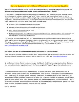 Burning Questions from IB Parent Meeting 1: 2013-2014 | PDF
