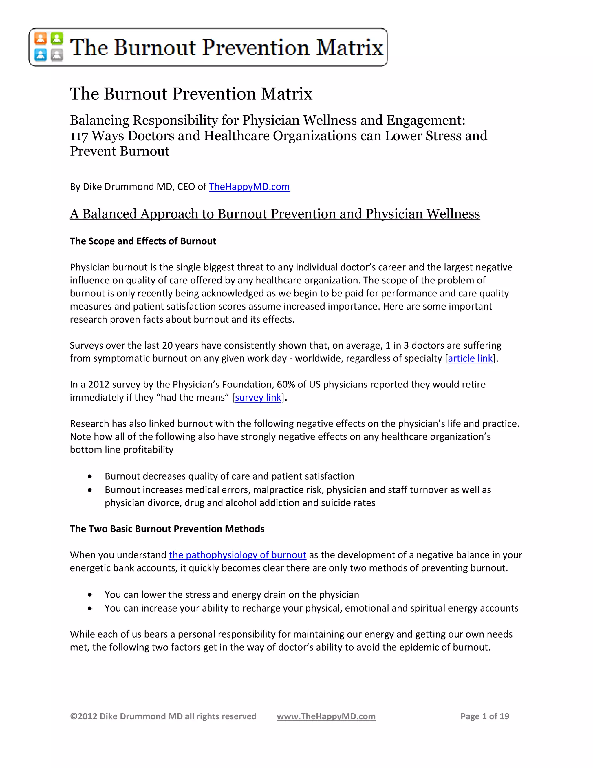 Dike Drummond's Burnout Prevention Matrix: 117 Ways Doctors Can Lower ...
