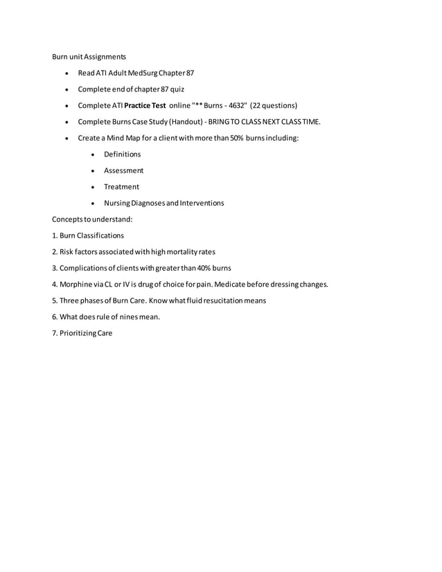 Burn unit assignments | DOCX | Medical Health