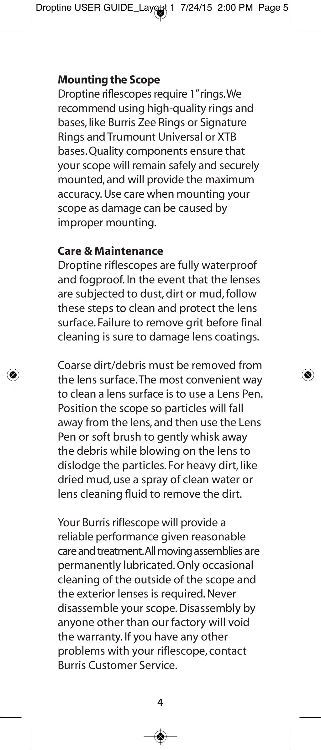 Burris Droptine Riflescopes Instruction Manual | Optics Trade | PDF