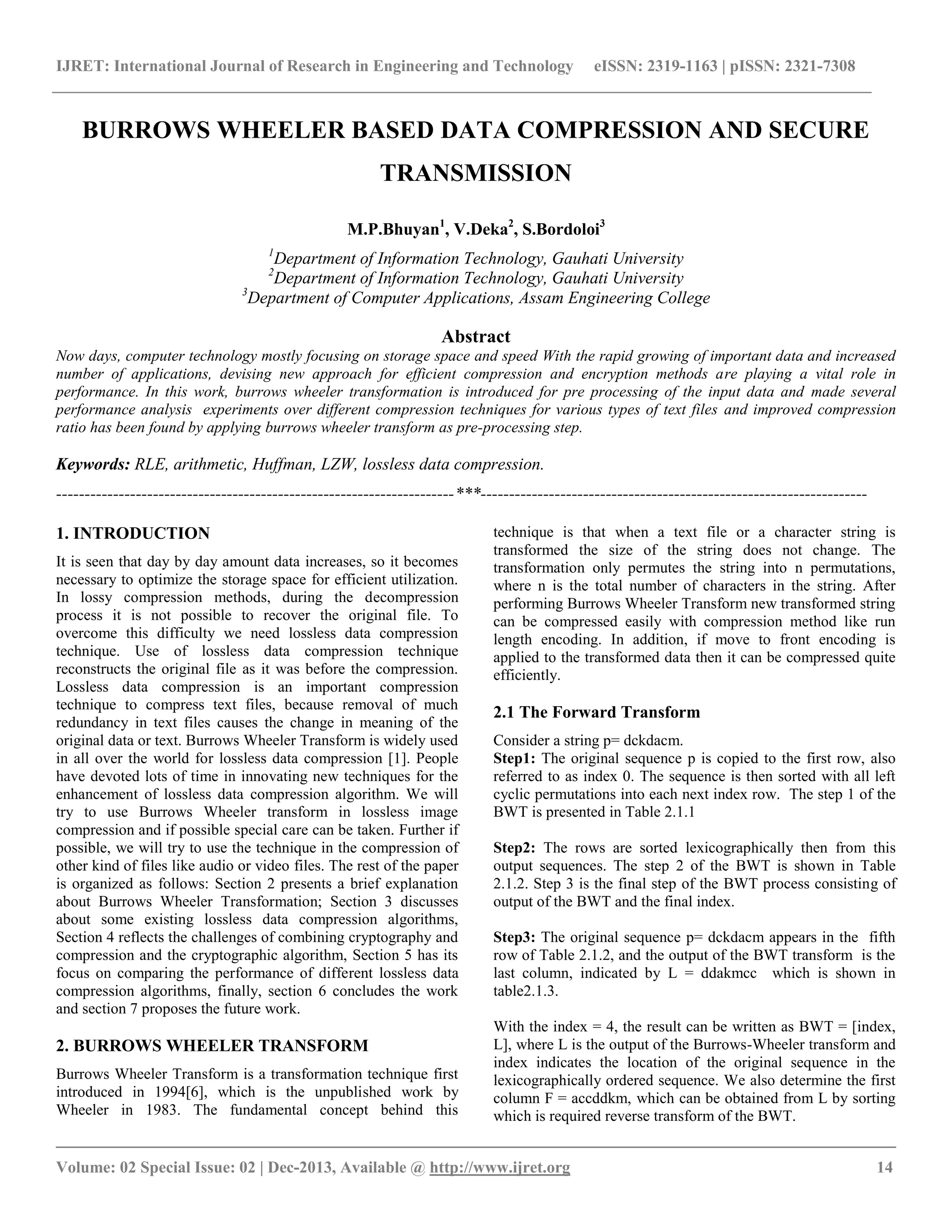 Burrows wheeler based data compression and secure transmission | PDF