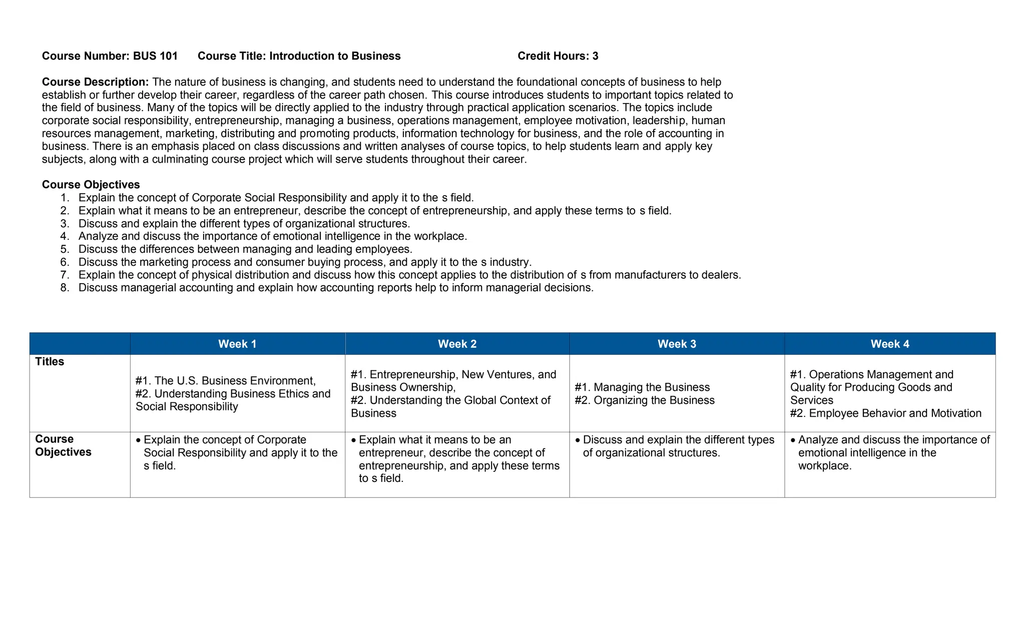 BUS 101 Intro to Busine Course Blueprint | PDF