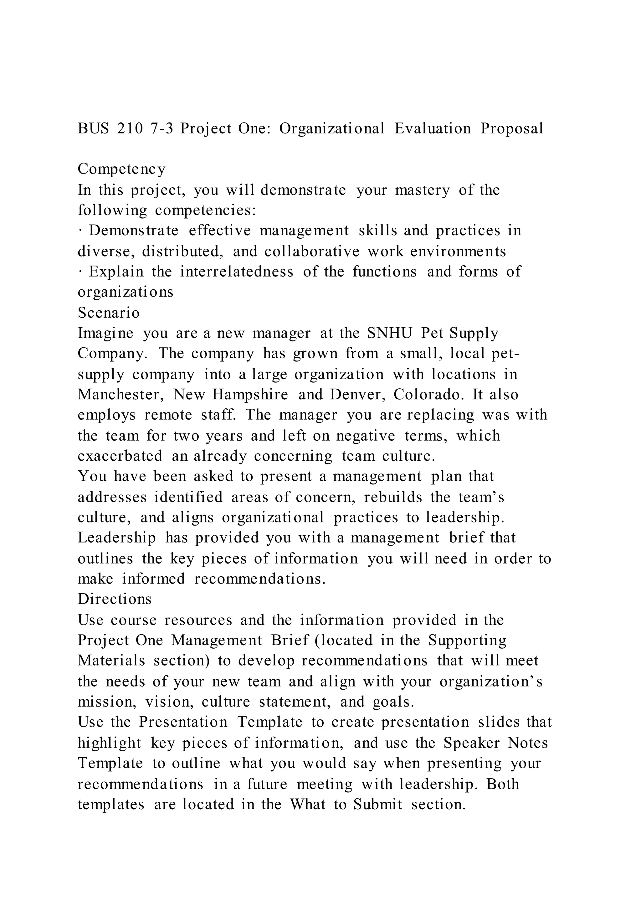 BUS 210 Project One Management Brief Overview The S | DOCX