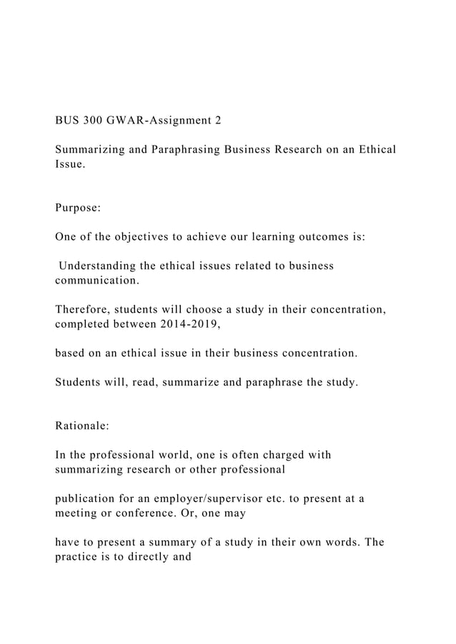 BUS 300 GWAR-Assignment 2 Summarizing and Paraphrasing Bu.docx