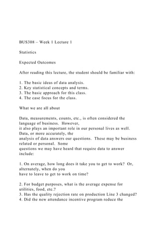 BUS308 – Week 1 Lecture 1 Statistics Expected Outcomes.docx | Homework and Study | Education