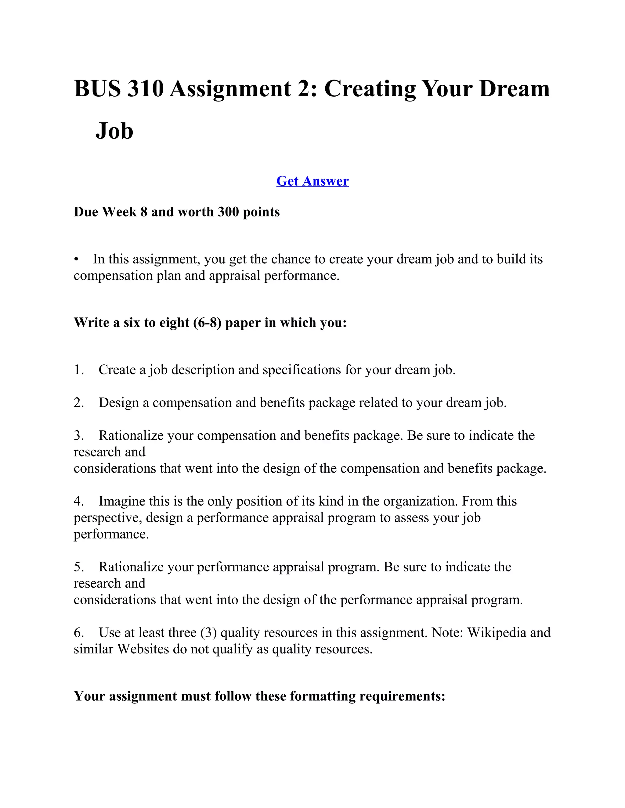 Bus 310 assignment 2 creating your dream job | PDF