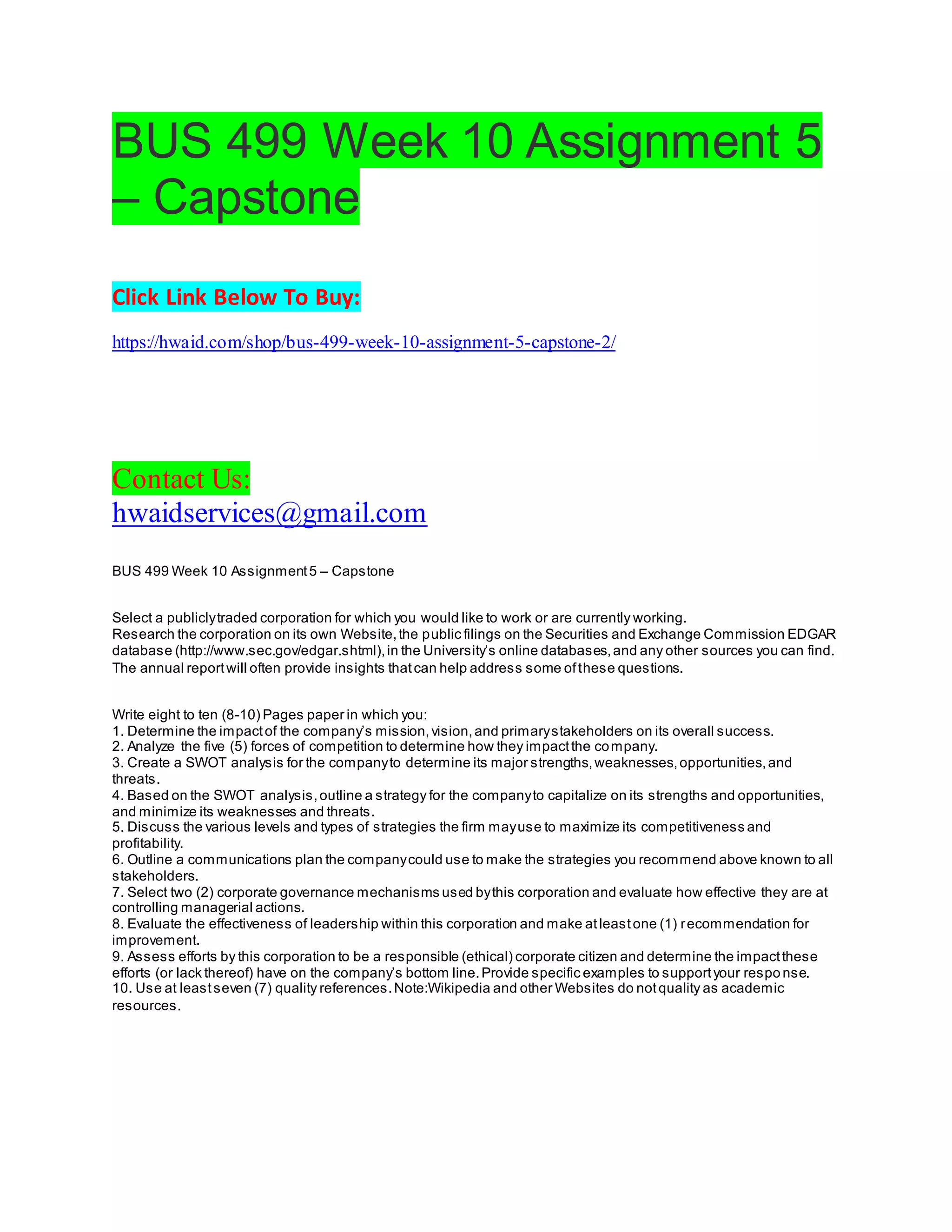 Bus 499 week 10 assignment 5 – capstone. | DOCX | Business | Business and Finance