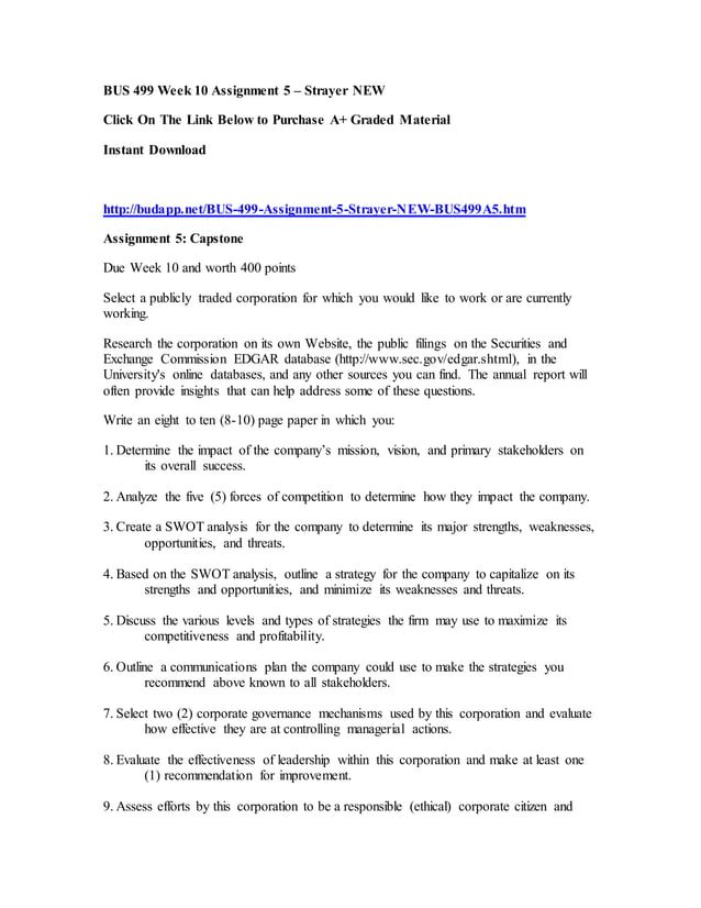 Bus 499 week 10 assignment 5 – strayer new | PDF