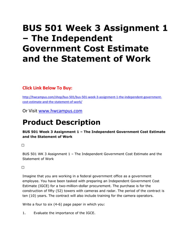 501 week 3 assignment 1 the independent government cost estimate and the statement of work | PDF ...
