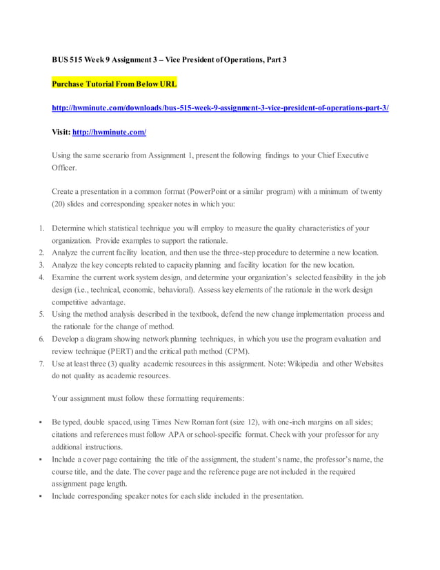 Bus 515 week 9 assignment 3 – vice president of operations, part 3 | DOCX