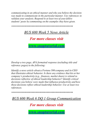 BUS 600 Education Specialist / snaptutorial.com | Secondary Education | Education