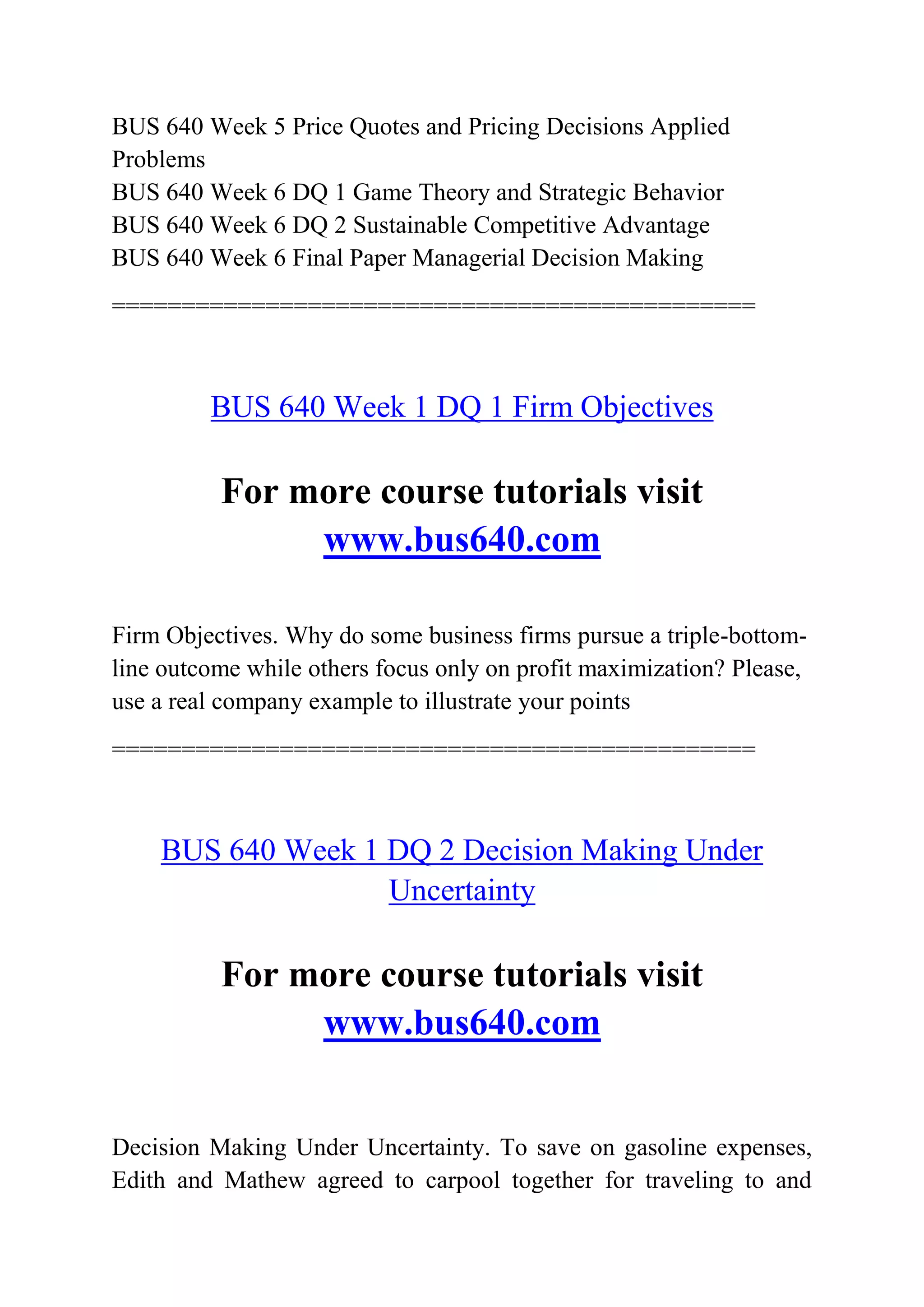 BUS 640 Education Planning--bus640.com