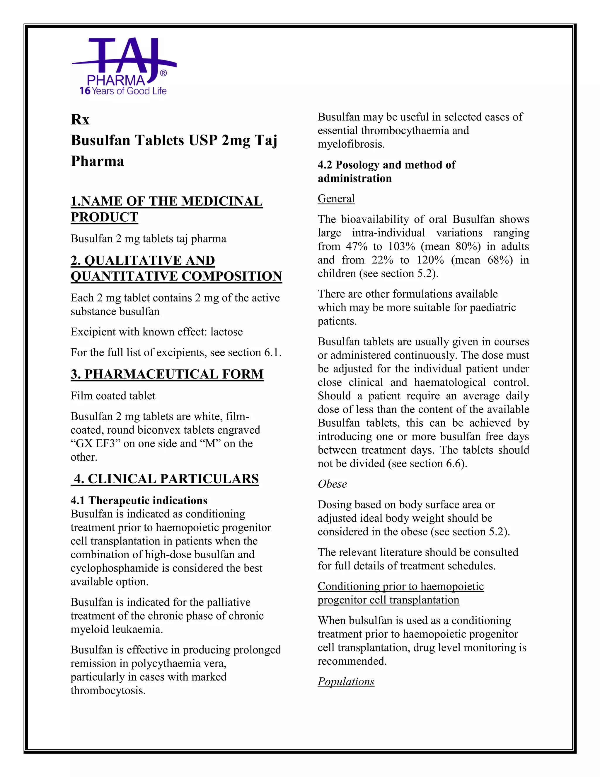 Busulfan Tablets USP 2mg Taj Pharma SmPC | PDF