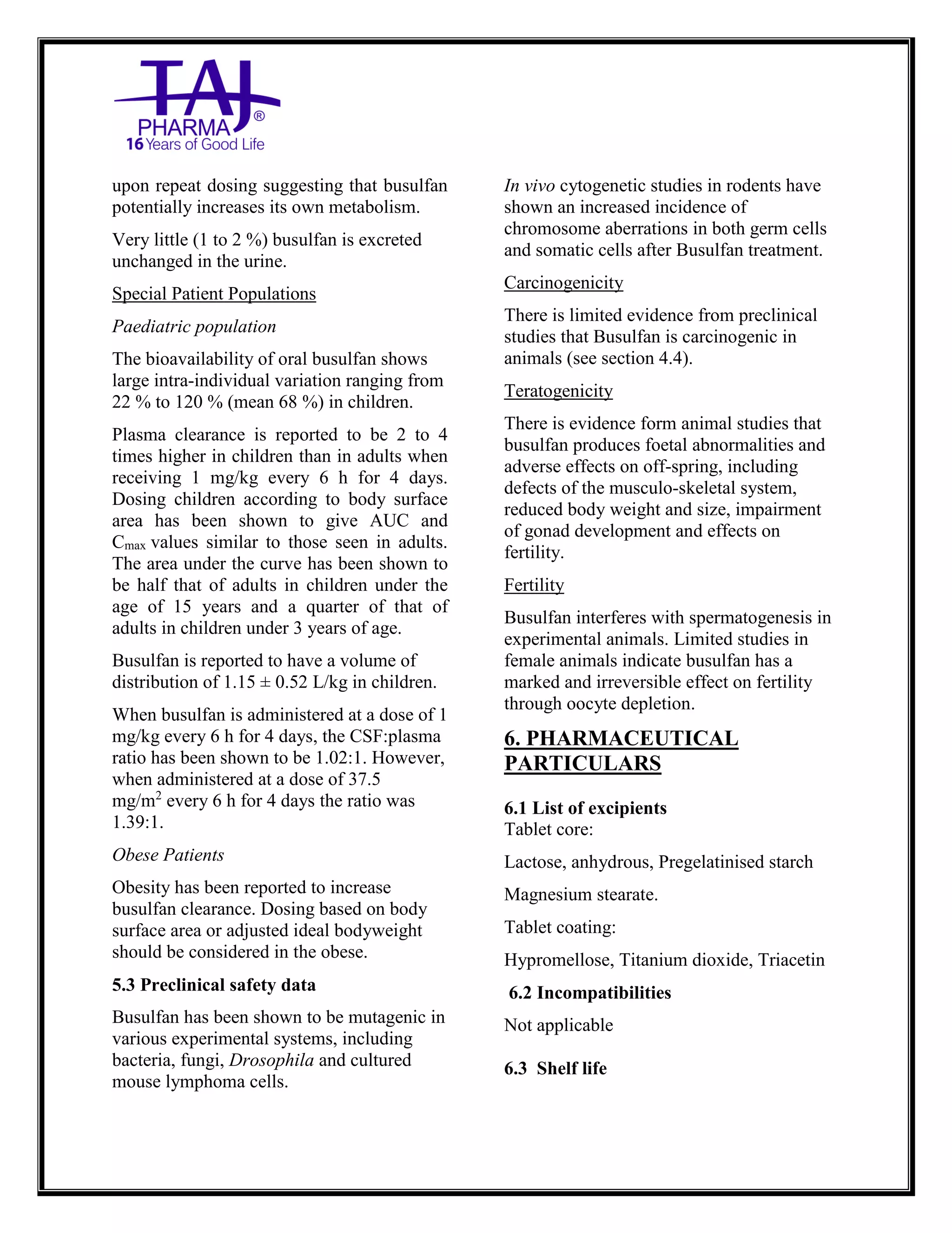 Busulfan Tablets USP 2mg Taj Pharma SmPC | PDF
