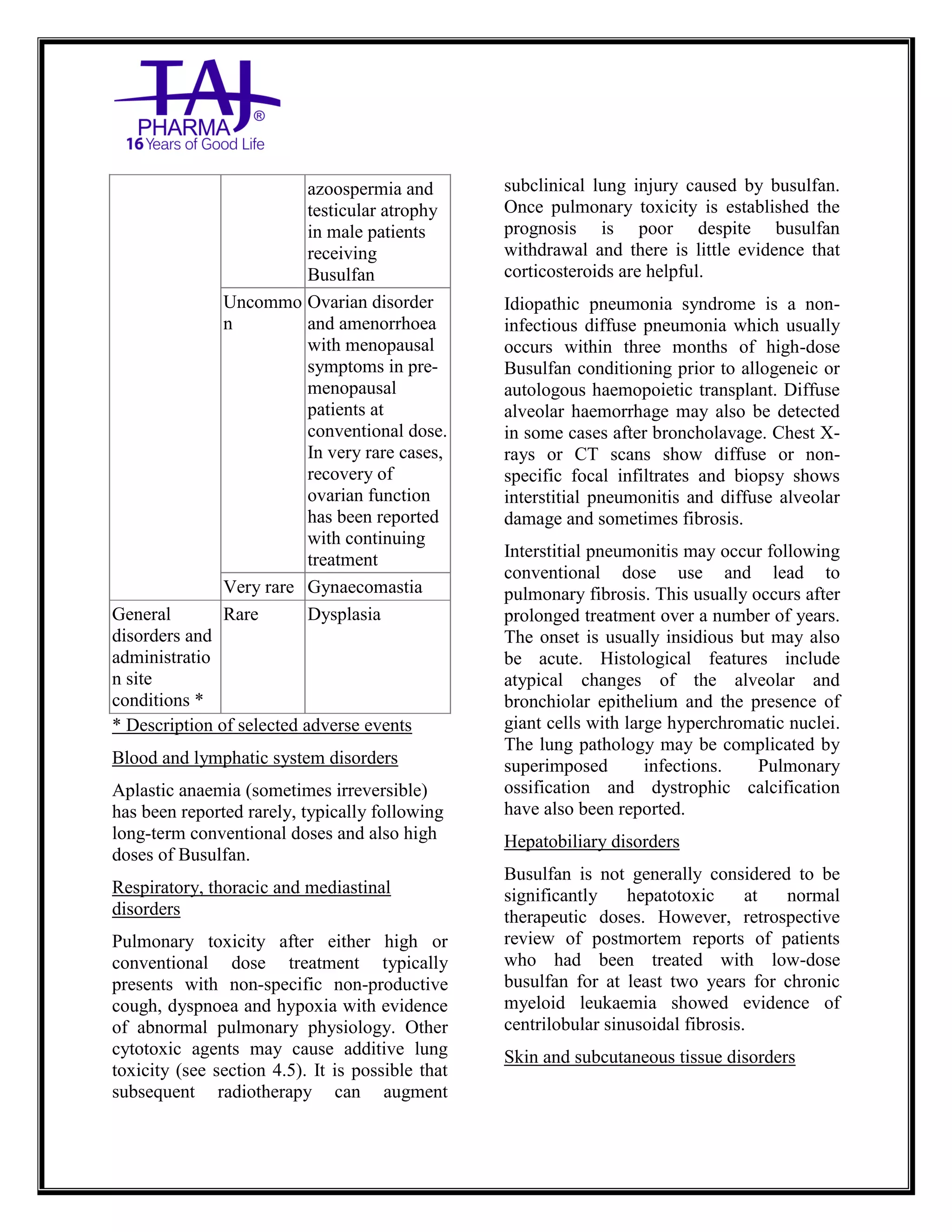 Busulfan Tablets USP 2mg Taj Pharma SmPC | PDF