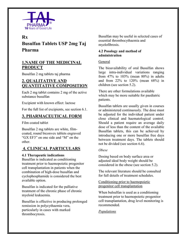 Busulfan Tablets USP 2mg Taj Pharma SmPC | PDF