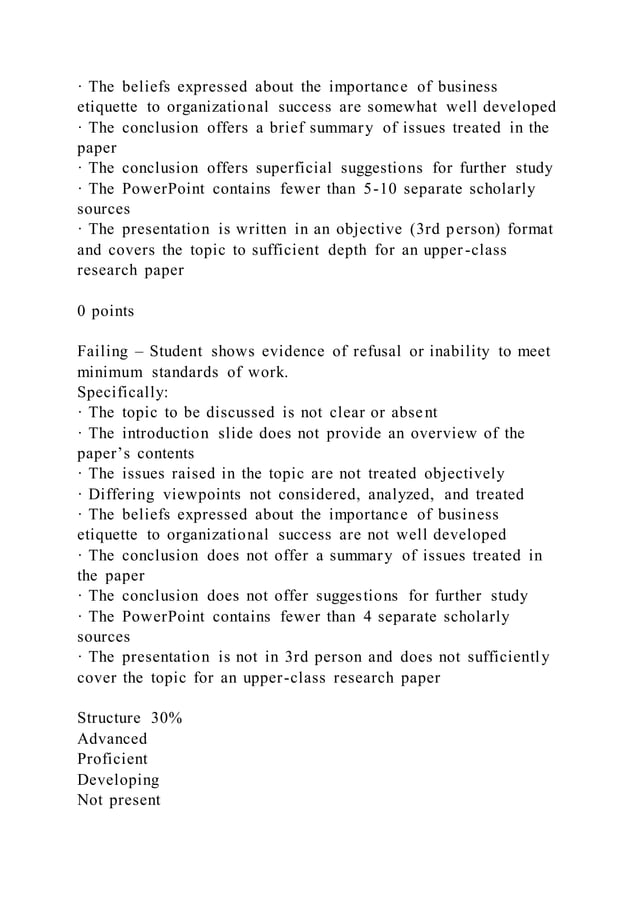 BUSI 472 Etiquette PowerPoint Grading RubricCriteriaLevels o | PDF