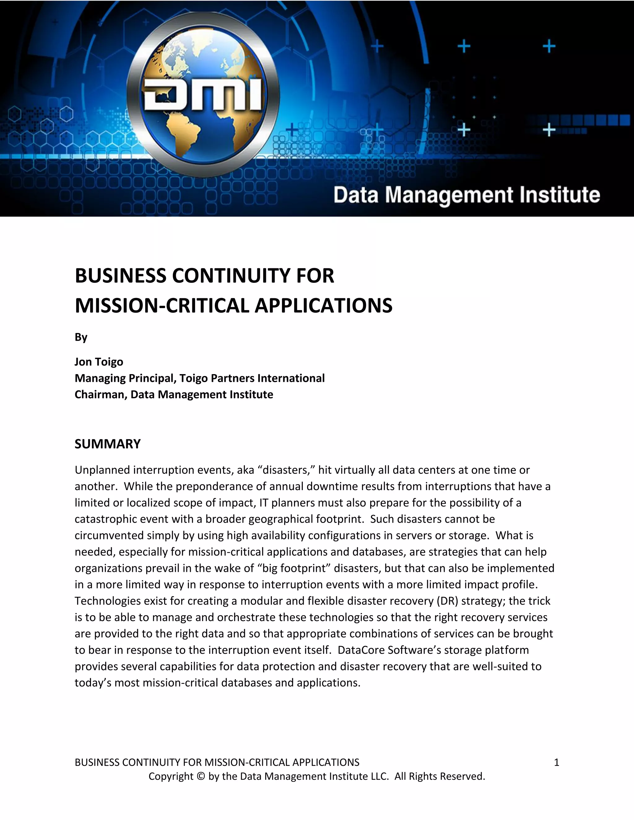 Business Continuity for Mission Critical Applications | PDF