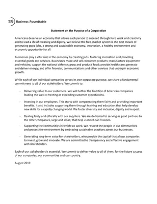 Statement on the Purpose of a Corporation. Business Roundtable | PDF