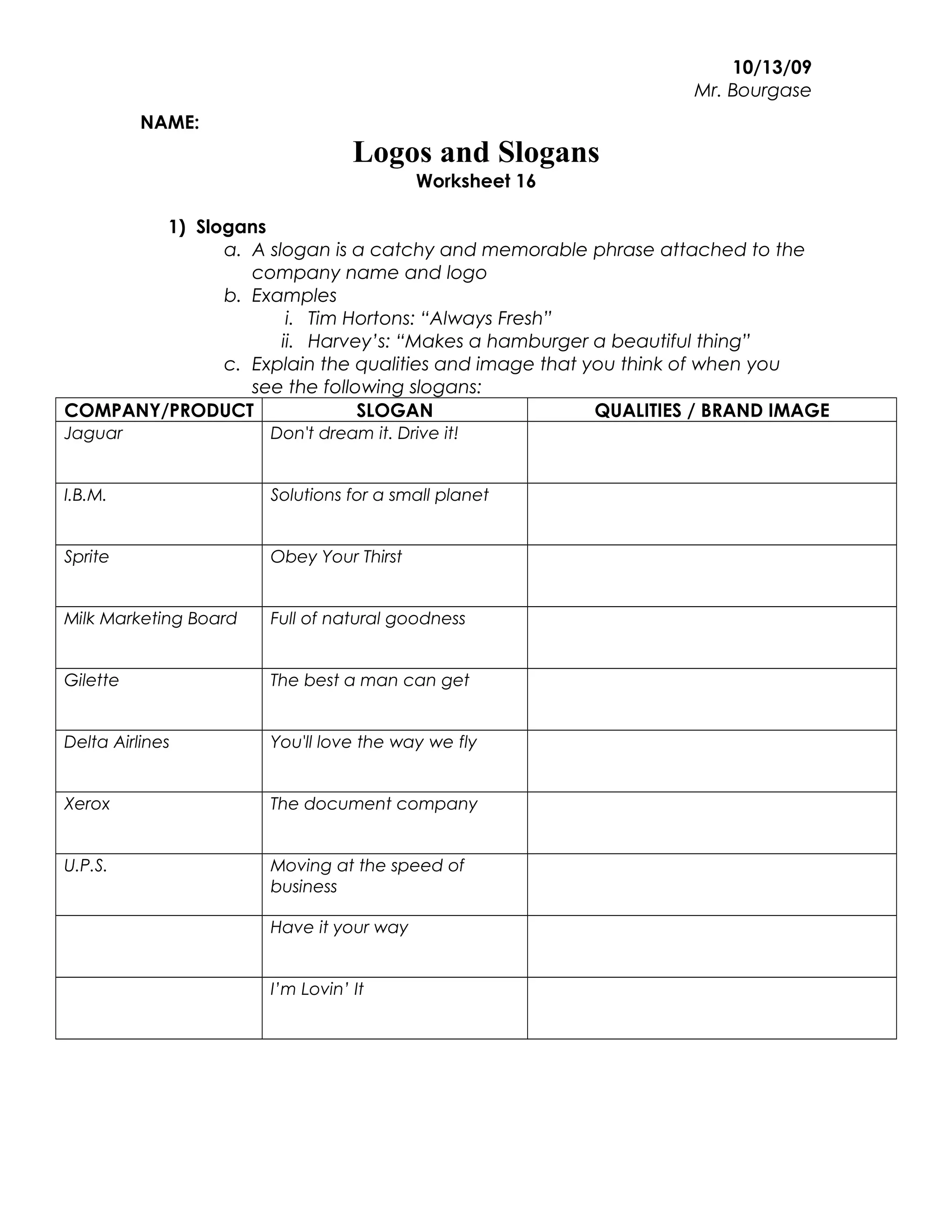 logos and slogans worksheet | DOC