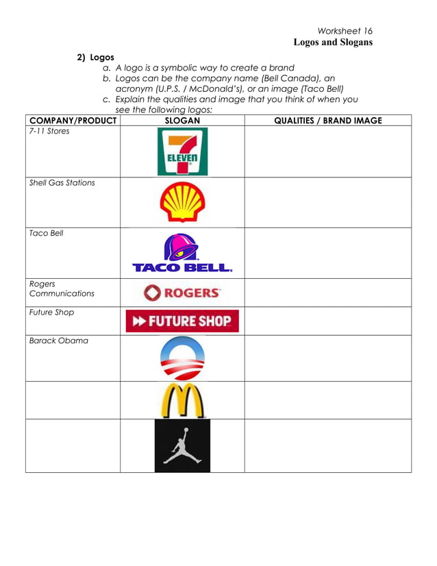 logos and slogans worksheet | DOC | Advertising Industry | Industries