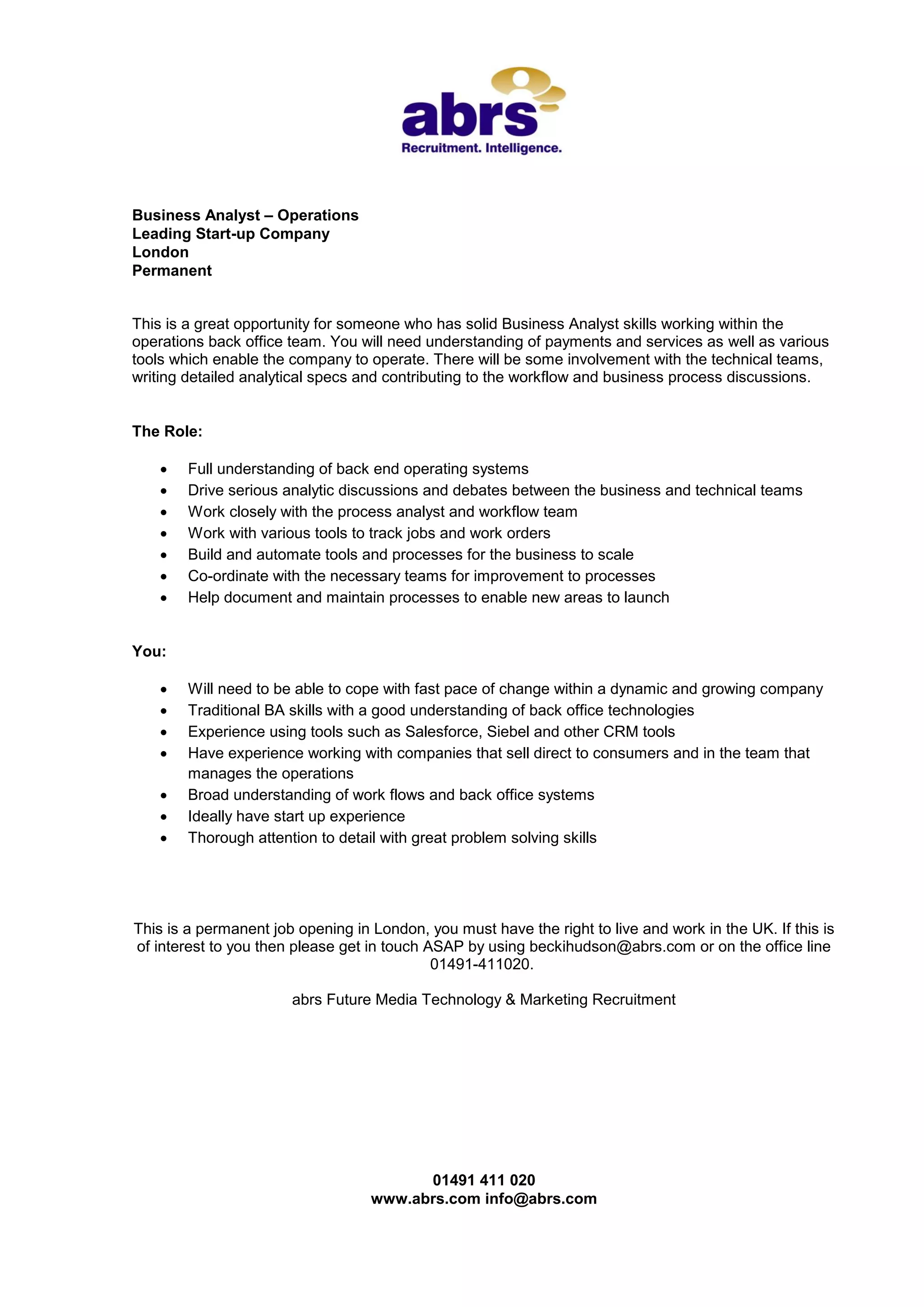 Business Analyst job from @abrsRecruitment, see @Helen_abrs | PDF
