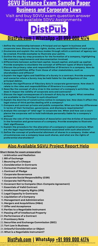 Business and Corporate Laws SGVU Exam Question Sampe Paper Infographics ...