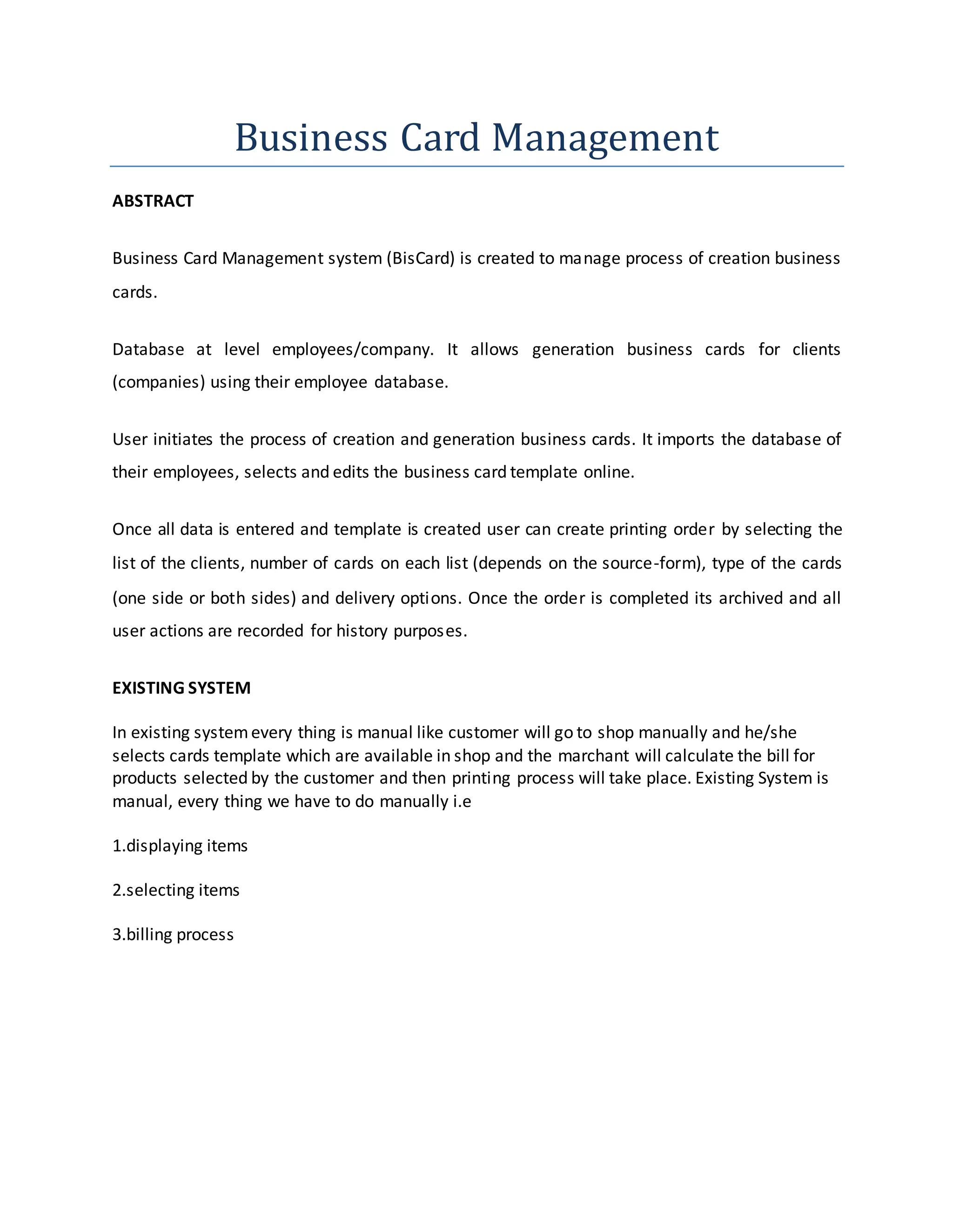 Abstract of Business card management System | DOCX