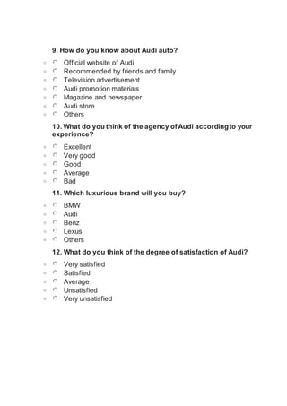 Audi Auto Market Survey Questionnaire | DOCX