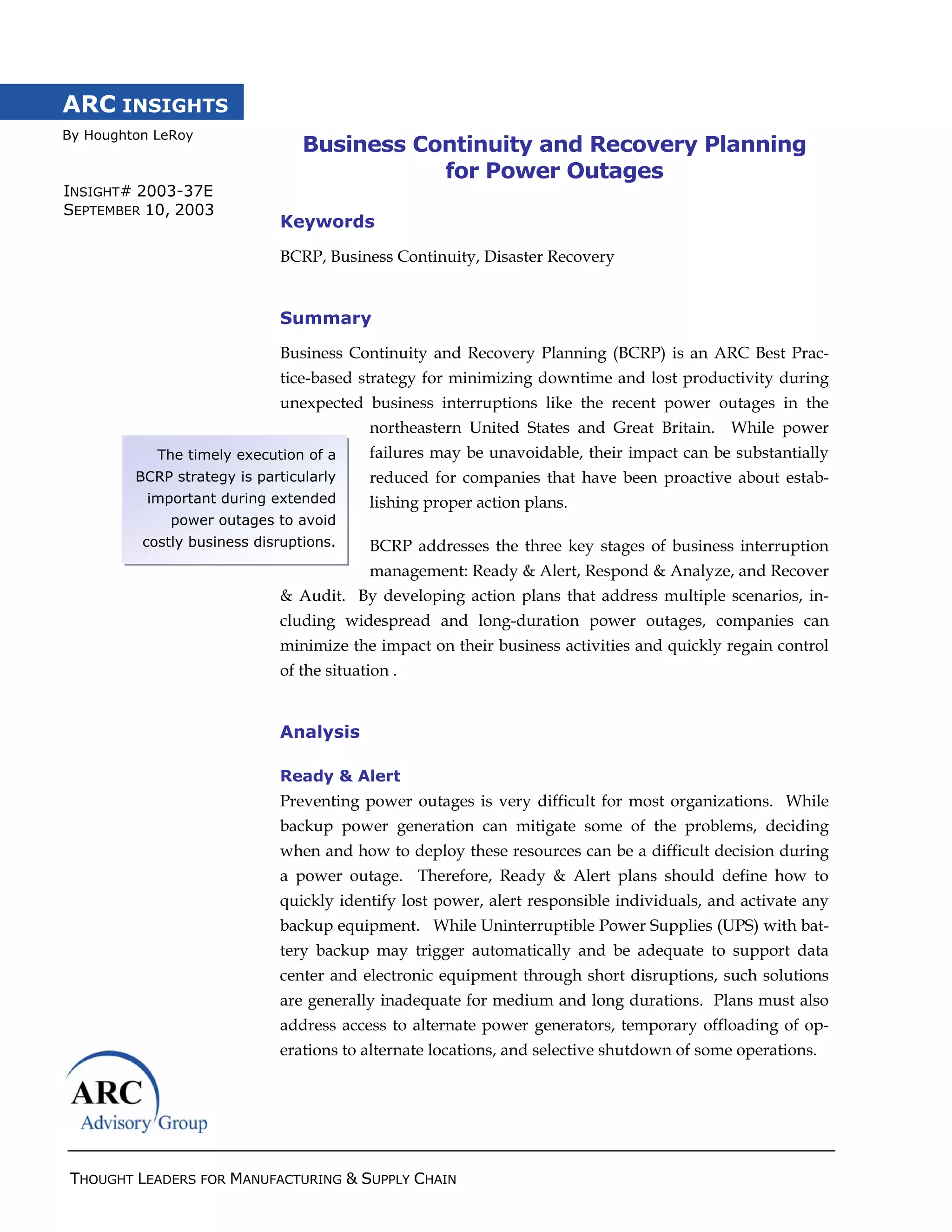 Business Continuity and Recovery Planning for Power Outages | PDF