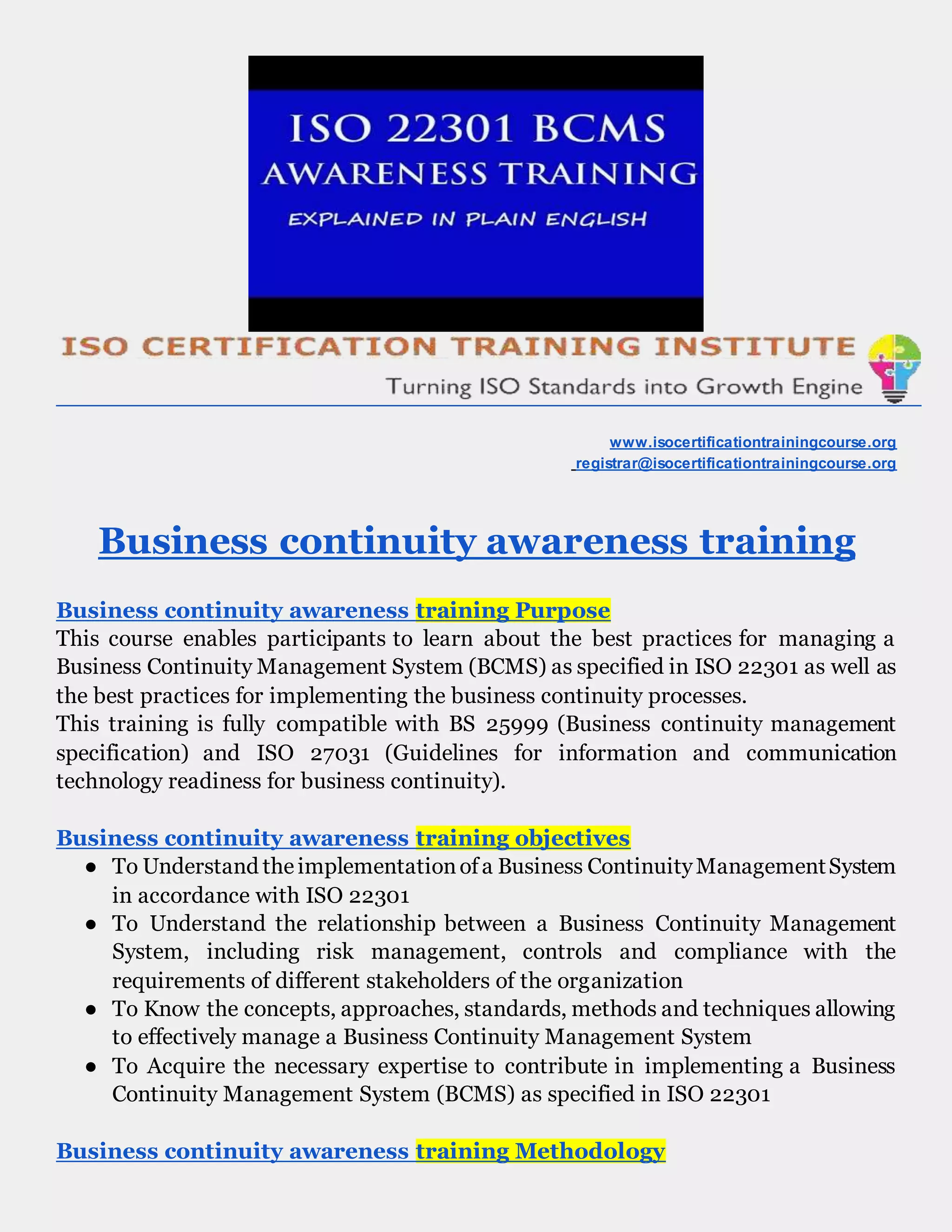 ISO 22301 | Business Continuity Awareness | DOCX