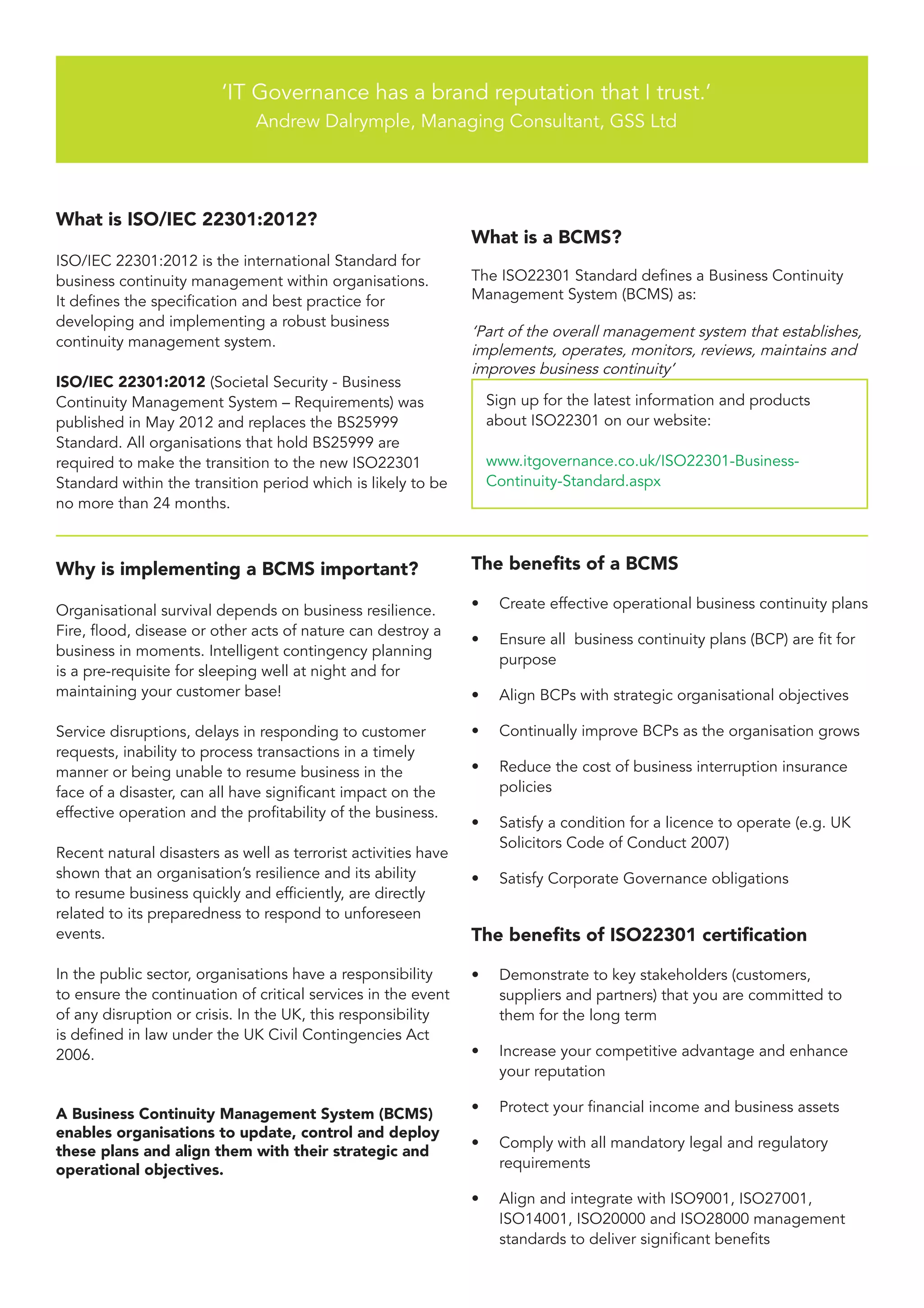 Business Continuity Management & ISO 22301 | PDF