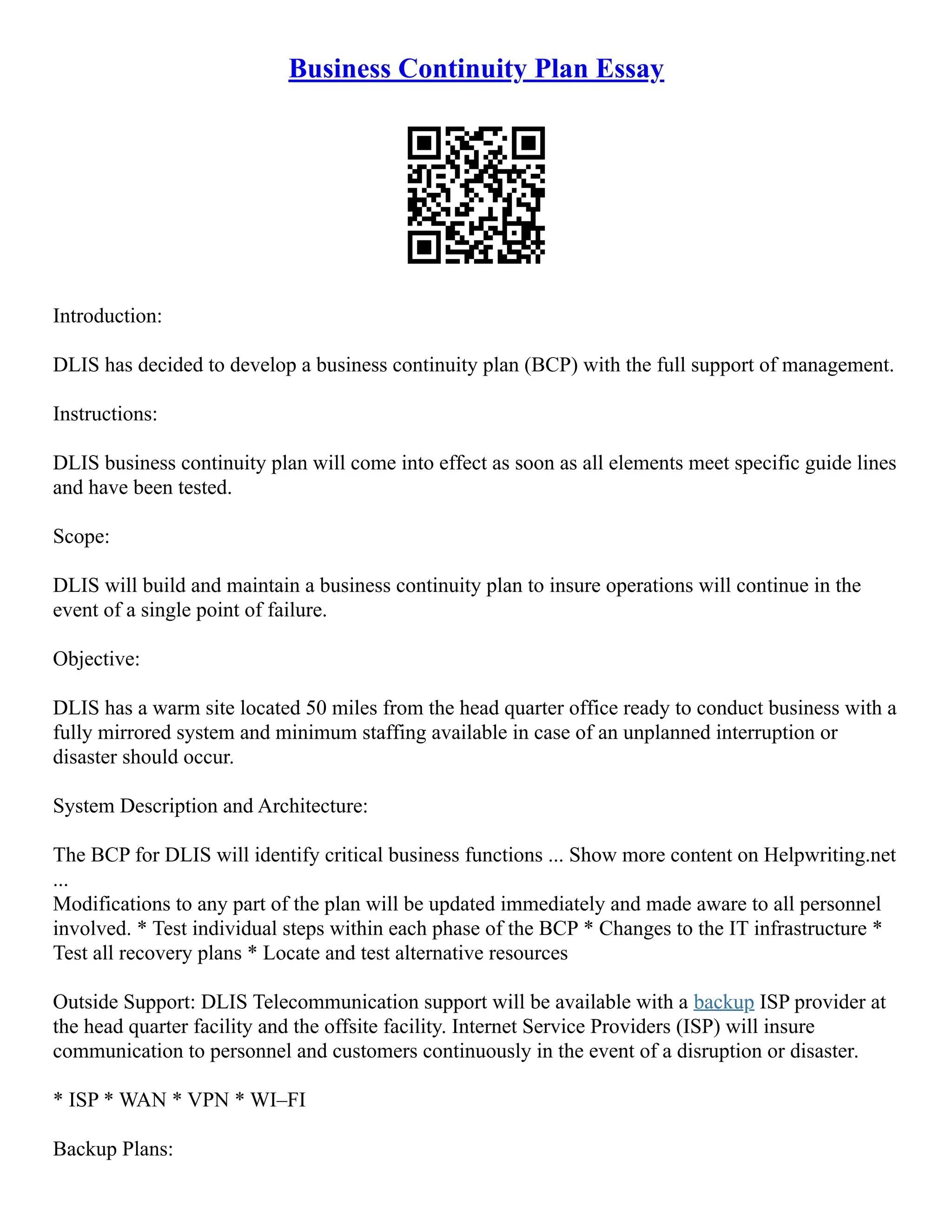 Business Continuity Plan Essay | PDF