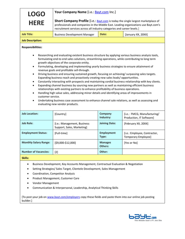 Business Development Manager Job Description Template by Bayt.com