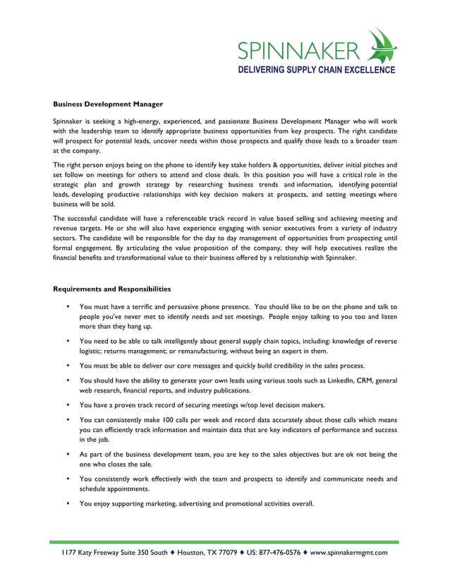 Spinnaker Business Development Manager_job posting sept2015 | PDF