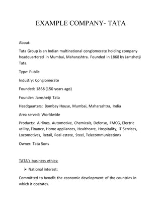 Business Ethics and example company- TATA | DOCX