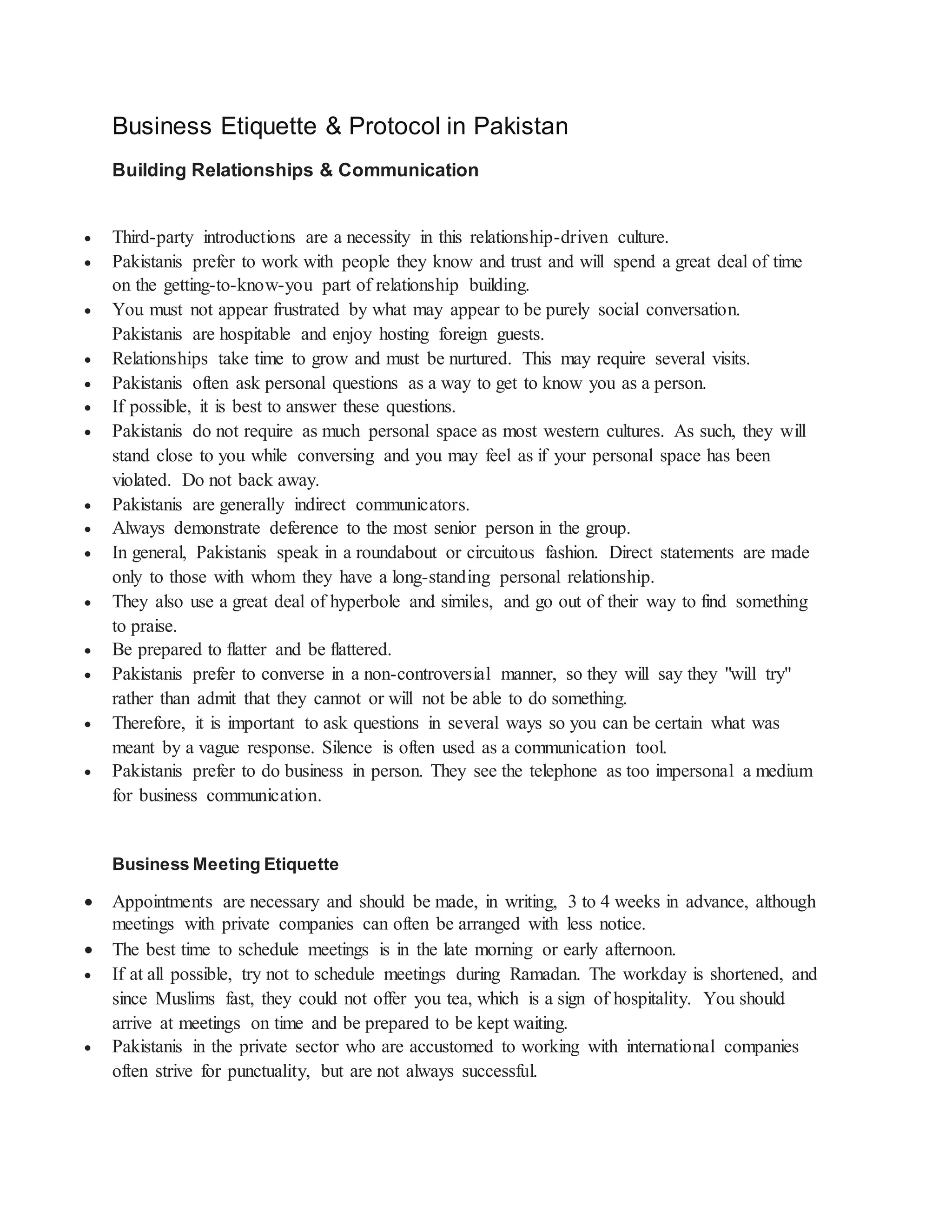 Business Etiquette & Protocol in Pakistan | DOCX