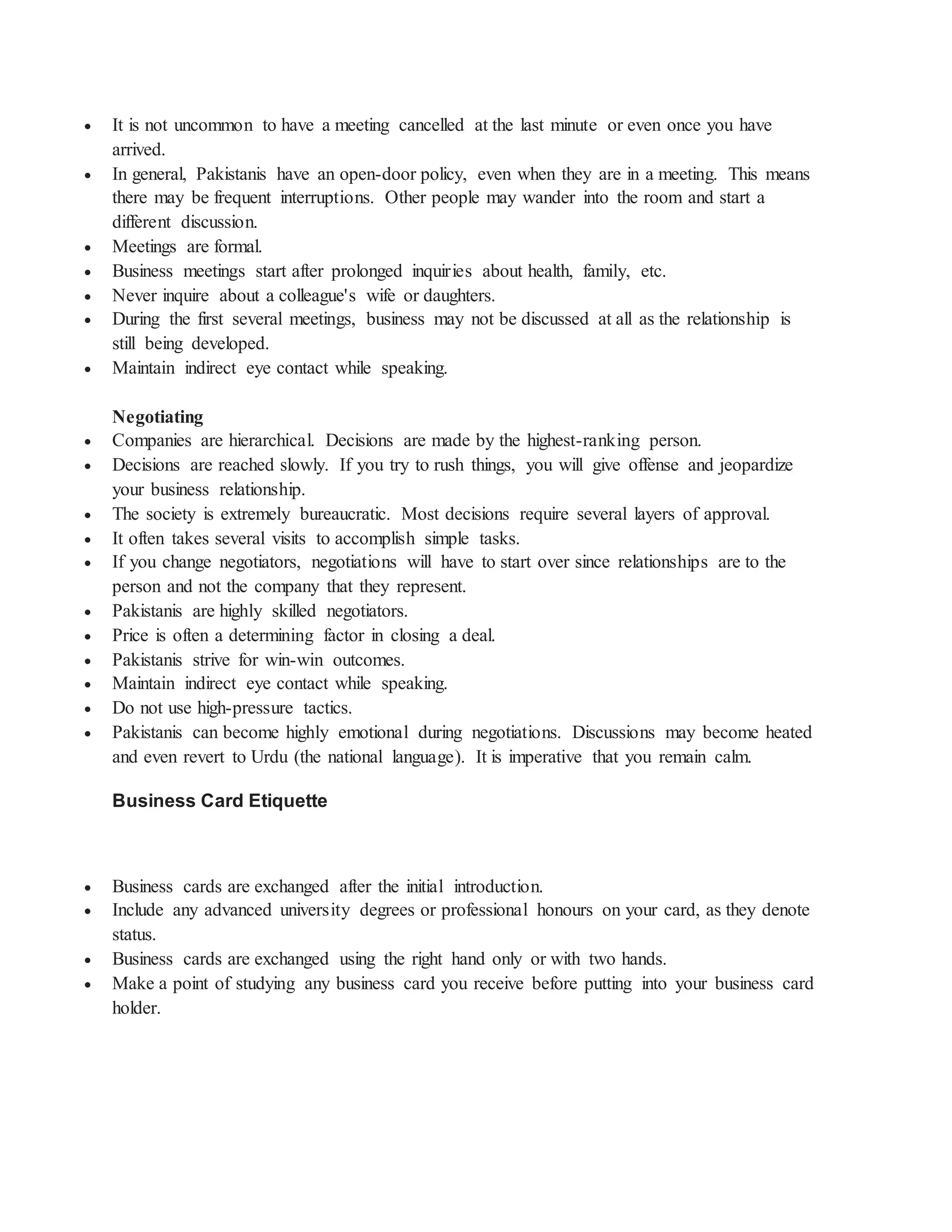 Business Etiquette & Protocol in Pakistan | DOCX