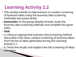 Business idea screening using different approaches | PPT